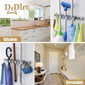 DrDirt Broom Holder Wall Mount with 3 Sliding Grippers and 4 Hooks, 13.4inch Heavy Duty Garden Tool Organizer Mop and Broom Holder for Home Kitchen Bathroom Laundry Room Closet Garden Garage, Gray