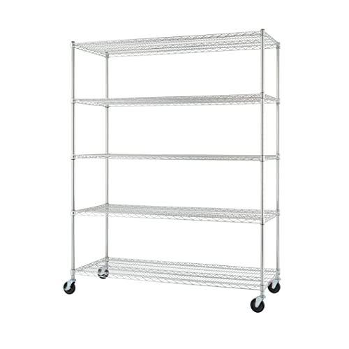 TRINITY BASICS TBFC-0931 5-Tier Adjustable Wire Shelving with Wheels for Kitchen Organization, Garage Storage, Laundry Room, NSF Certified, 600 to 2250 Pound Capacity, 60” by 24” by 77”, Chrome