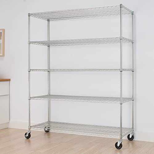 TRINITY BASICS TBFC-0931 5-Tier Adjustable Wire Shelving with Wheels for Kitchen Organization, Garage Storage, Laundry Room, NSF Certified, 600 to 2250 Pound Capacity, 60” by 24” by 77”, Chrome