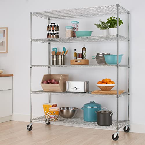 TRINITY BASICS TBFC-0931 5-Tier Adjustable Wire Shelving with Wheels for Kitchen Organization, Garage Storage, Laundry Room, NSF Certified, 600 to 2250 Pound Capacity, 60” by 24” by 77”, Chrome