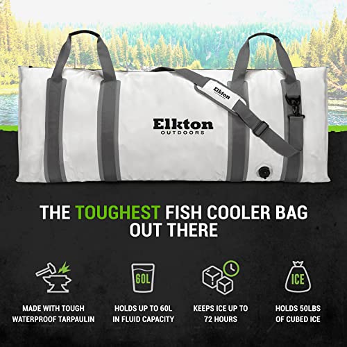 Elkton Outdoors Insulated Fish Cooler Bag Leakproof Fish Kill Bag 60x20in Fish Cooler with Easy Grip Carry Handles for Outdoor Travel 60 Liter