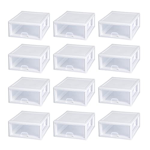 Sterilite 16 Quart Stackable Sturdy Plastic Storage Drawer Container for Home and Office Organization, Clear and White (12 Pack)