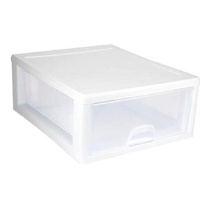 Sterilite 16 Quart Stackable Sturdy Plastic Storage Drawer Container for Home and Office Organization, Clear and White (12 Pack)