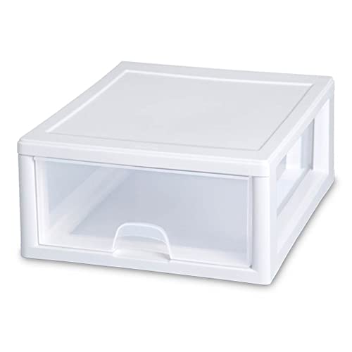 Sterilite 16 Quart Stackable Sturdy Plastic Storage Drawer Container for Home and Office Organization, Clear and White (12 Pack)