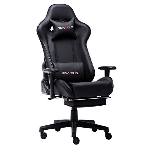 Nokaxus Gaming Chair Large Size High-back Ergonomic Racing Seat with Massager Lumbar Support and Retractible Footrest PU Leather 90-180 degree adjustment of backrest Thickening sponges (YK-6008-BLACK)