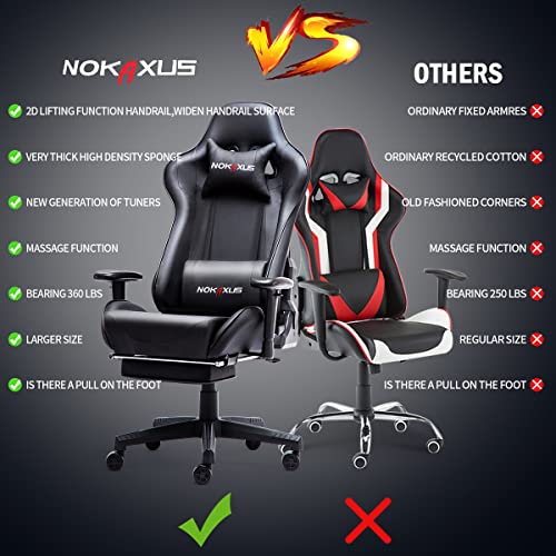 Nokaxus Gaming Chair Large Size High-back Ergonomic Racing Seat with Massager Lumbar Support and Retractible Footrest PU Leather 90-180 degree adjustment of backrest Thickening sponges (YK-6008-BLACK)