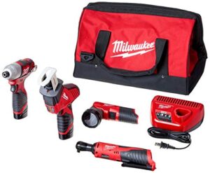 milwaukee 2498-25 m12 12-volt lithium-ion cordless combo kit (5-tool) with (2) 1.5ah batteries, charger and tool bag