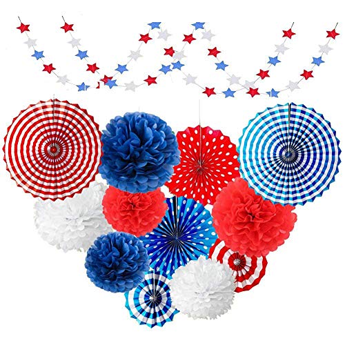 4th of July Party Decorations Set - Stars Stripes, Hanging Paper Fans, Paper Pom poms Kit for Independence Day, Patriotic Favor Backdrop, Memorial Day Baby Shower, Nautical Red White Blue