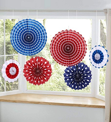 4th of July Party Decorations Set - Stars Stripes, Hanging Paper Fans, Paper Pom poms Kit for Independence Day, Patriotic Favor Backdrop, Memorial Day Baby Shower, Nautical Red White Blue