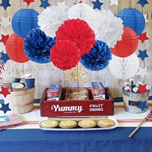 4th of July Party Decorations Set - Stars Stripes, Hanging Paper Fans, Paper Pom poms Kit for Independence Day, Patriotic Favor Backdrop, Memorial Day Baby Shower, Nautical Red White Blue