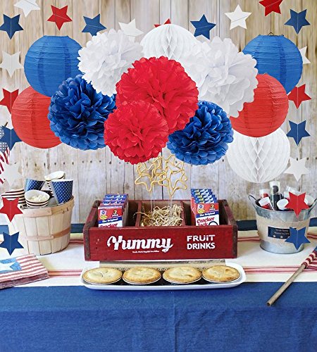 4th of July Party Decorations Set - Stars Stripes, Hanging Paper Fans, Paper Pom poms Kit for Independence Day, Patriotic Favor Backdrop, Memorial Day Baby Shower, Nautical Red White Blue