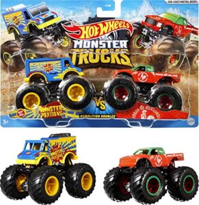 hot wheels monster trucks demolition doubles, set of 2 toy monster trucks in 1:64 scale (styles may vary)