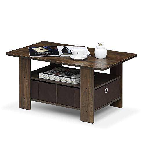 Furinno Andrey Coffee Table with Bin Drawer, Columbia Walnut/Dark Brown