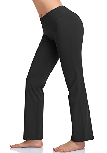 HISKYWIN Inner Pocket Yoga Pants 4 Way Stretch Tummy Control Workout Running Pants, Long Bootleg Flare Pants HF2 Black-XL