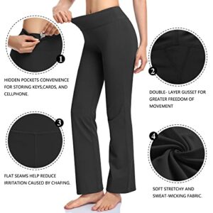 HISKYWIN Inner Pocket Yoga Pants 4 Way Stretch Tummy Control Workout Running Pants, Long Bootleg Flare Pants HF2 Black-XL