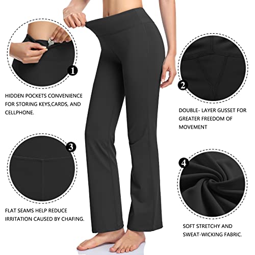 HISKYWIN Inner Pocket Yoga Pants 4 Way Stretch Tummy Control Workout Running Pants, Long Bootleg Flare Pants HF2 Black-XL