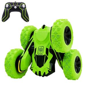 threeking rc stunt cars remote control car double-sided driving 360-degree flips rotating car toy, green