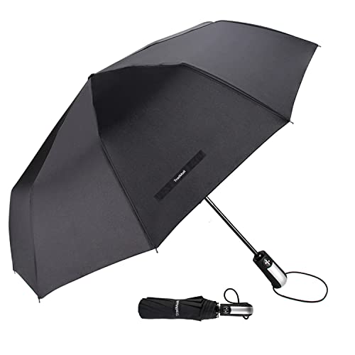 TradMall Travel Umbrella Windproof with 46 Inches Large Canopy 10 Reinforced Fiberglass Ribs Ergonomic Handle Auto Open & Close, Black