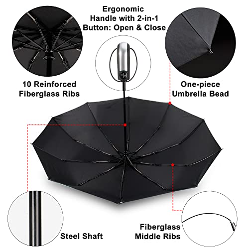 TradMall Travel Umbrella Windproof with 46 Inches Large Canopy 10 Reinforced Fiberglass Ribs Ergonomic Handle Auto Open & Close, Black