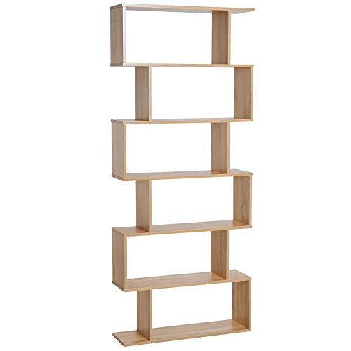 HOMCOM 75.5" H Bookcase 6 Shelf S-Shaped Bookshelf Wooden Storage Display Stand Shelf Organizer Free Standing Oak