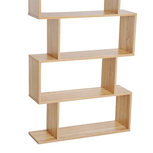 HOMCOM 75.5" H Bookcase 6 Shelf S-Shaped Bookshelf Wooden Storage Display Stand Shelf Organizer Free Standing Oak