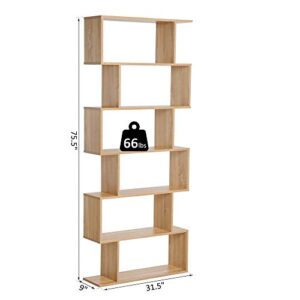 HOMCOM 75.5" H Bookcase 6 Shelf S-Shaped Bookshelf Wooden Storage Display Stand Shelf Organizer Free Standing Oak