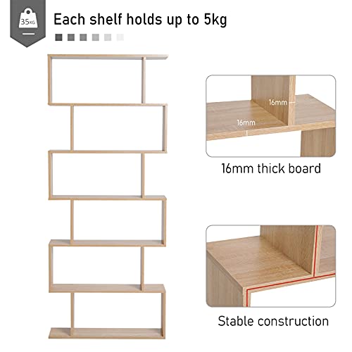 HOMCOM 75.5" H Bookcase 6 Shelf S-Shaped Bookshelf Wooden Storage Display Stand Shelf Organizer Free Standing Oak