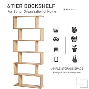 HOMCOM 75.5" H Bookcase 6 Shelf S-Shaped Bookshelf Wooden Storage Display Stand Shelf Organizer Free Standing Oak