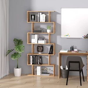 HOMCOM 75.5" H Bookcase 6 Shelf S-Shaped Bookshelf Wooden Storage Display Stand Shelf Organizer Free Standing Oak