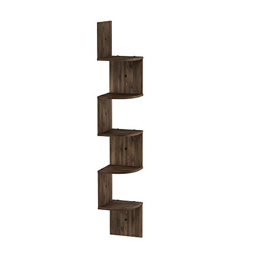 Furinno Rossi Wall Mount Floating Corner Shelf, 5-Tier Radial, Columbia Walnut