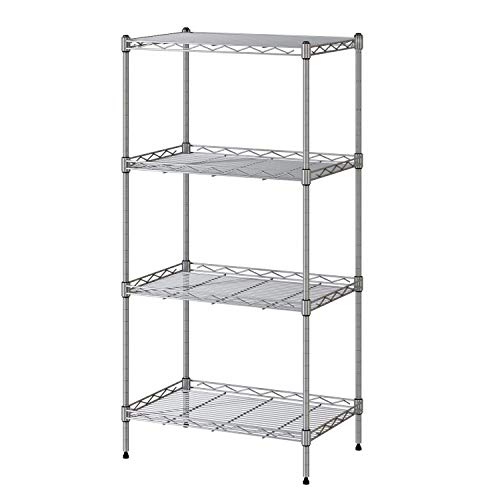 VOONEEN 4 Tier Shelf Shelving Units, Multipurpose Metal Modern Small Storage Rack with 4 Hooks, Stainless Steel Wire Organisation Suitable For Pantry Kitchen Livingroom Bathroom Office, 45*30*90 CM