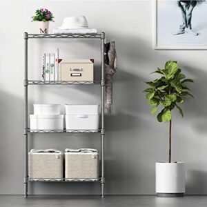 VOONEEN 4 Tier Shelf Shelving Units, Multipurpose Metal Modern Small Storage Rack with 4 Hooks, Stainless Steel Wire Organisation Suitable For Pantry Kitchen Livingroom Bathroom Office, 45*30*90 CM