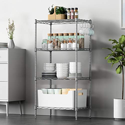 VOONEEN 4 Tier Shelf Shelving Units, Multipurpose Metal Modern Small Storage Rack with 4 Hooks, Stainless Steel Wire Organisation Suitable For Pantry Kitchen Livingroom Bathroom Office, 45*30*90 CM