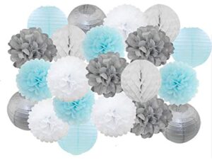 boy baby shower decoration set 21pcs/silver/white/baby blue round paper lantern paper pom pom honeycomb ball for wedding baby shower birthday party decoration