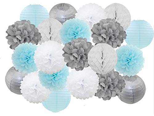 Boy Baby Shower Decoration Set 21pcs/Silver/White/Baby Blue Round Paper Lantern Paper Pom Pom Honeycomb Ball for Wedding Baby Shower Birthday Party Decoration