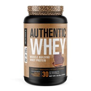 jacked factory authentic whey muscle building whey protein powder - low carb, non-gmo, no fillers, mixes perfectly - delicious salted chocolate caramel flavor - 2lb tub