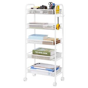 Xy Litol Wire Shelving Unit and Storage - Steel Wire Basket Shelving Trolley, 5 Tier Kitchen Cart Ivory White