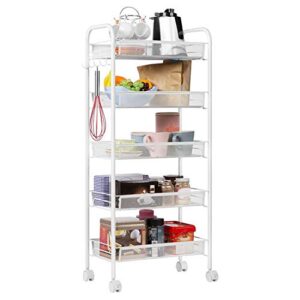 Xy Litol Wire Shelving Unit and Storage - Steel Wire Basket Shelving Trolley, 5 Tier Kitchen Cart Ivory White