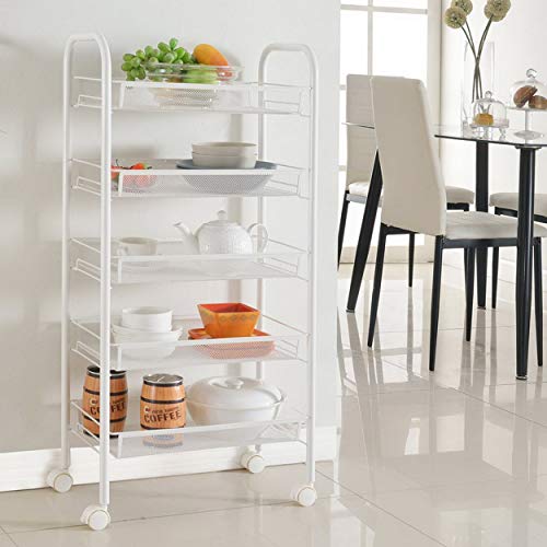 Xy Litol Wire Shelving Unit and Storage - Steel Wire Basket Shelving Trolley, 5 Tier Kitchen Cart Ivory White