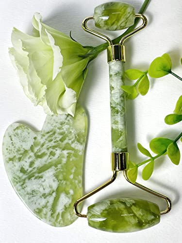 Face Roller Natural Jade Roller For Face - Gua Sha Facial Tool - Aging Wrinkles,Puffiness Facial Skin Care Product Massager - Premium Authentic Jade Stone (Jade Roller+Gua Sha)