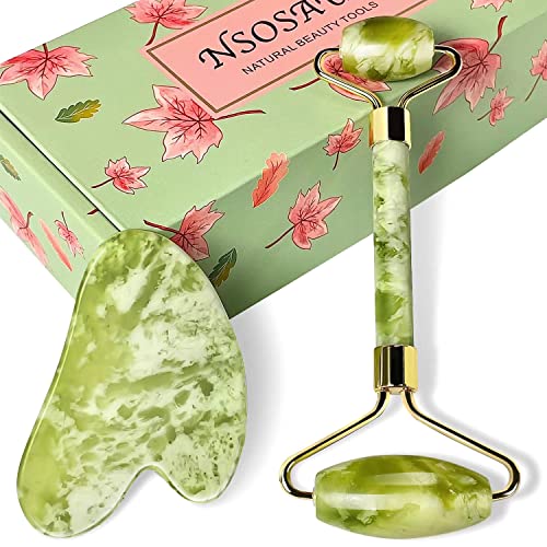 Face Roller Natural Jade Roller For Face - Gua Sha Facial Tool - Aging Wrinkles,Puffiness Facial Skin Care Product Massager - Premium Authentic Jade Stone (Jade Roller+Gua Sha)