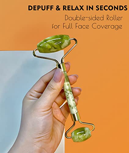 Face Roller Natural Jade Roller For Face - Gua Sha Facial Tool - Aging Wrinkles,Puffiness Facial Skin Care Product Massager - Premium Authentic Jade Stone (Jade Roller+Gua Sha)