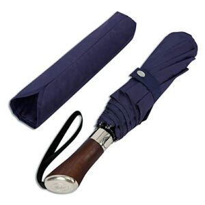 balios (designed in uk) travel umbrella luxurious golden rosewood handle auto open & close windproof frame single canopy automatic folding umbrella men's & ladies (dark navy)