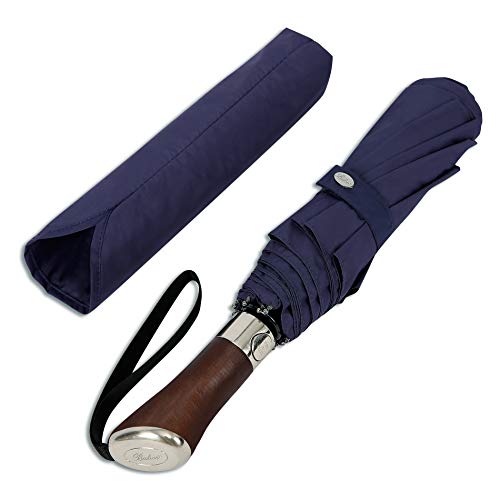 Balios (Designed in UK) Travel Umbrella Luxurious Golden Rosewood Handle Auto Open & Close Windproof Frame Single Canopy Automatic Folding Umbrella Men's & Ladies (Dark Navy)