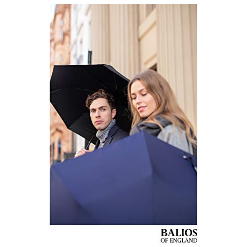 Balios (Designed in UK) Travel Umbrella Luxurious Golden Rosewood Handle Auto Open & Close Windproof Frame Single Canopy Automatic Folding Umbrella Men's & Ladies (Dark Navy)