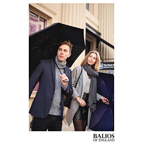 Balios (Designed in UK) Travel Umbrella Luxurious Golden Rosewood Handle Auto Open & Close Windproof Frame Single Canopy Automatic Folding Umbrella Men's & Ladies (Dark Navy)