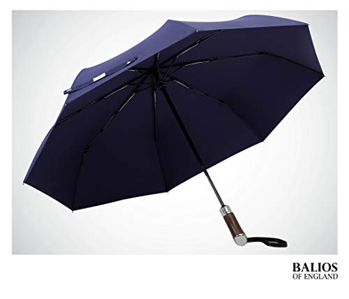 Balios (Designed in UK) Travel Umbrella Luxurious Golden Rosewood Handle Auto Open & Close Windproof Frame Single Canopy Automatic Folding Umbrella Men's & Ladies (Dark Navy)