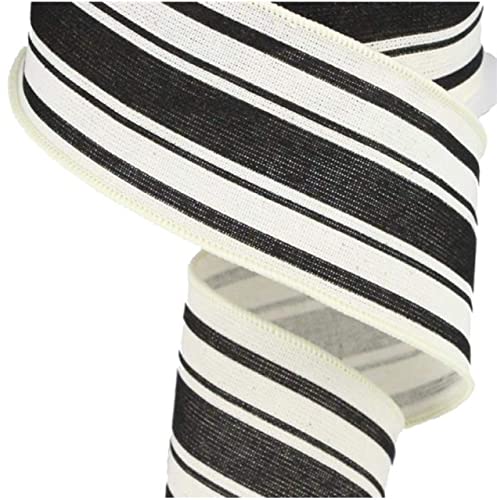 Farmhouse Stripe on Cotton Wired Edge Ribbon - 2.5 Inches x 10 Yards (Ivory, Black)