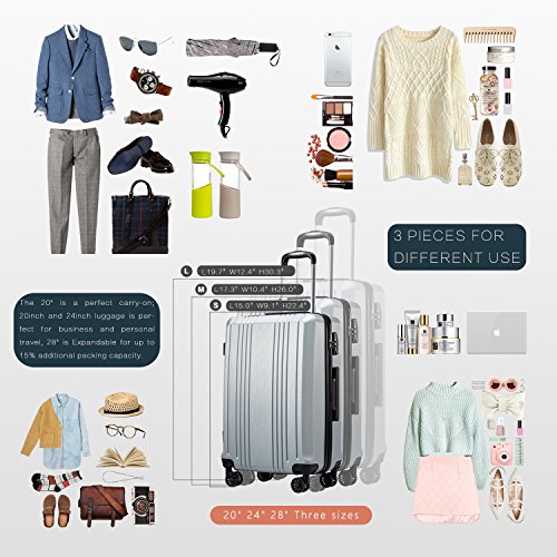 Coolife Luggage Suitcase PC+ABS with TSA Lock Spinner Carry on Hardshell Lightweight 20in 24in 28in(sliver, S(20in_carry on))