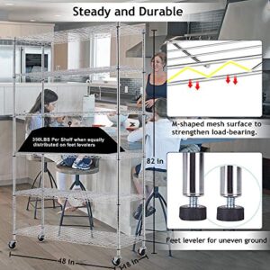 Wire Shelving Unit NSF Heavy Duty Office Basement Kitchen Adjustable Metal Storage Shelves Rack with Wheels 48"x18"x82" 6 Tier Shelf Commercial Grade Utility Garage Shelving Unit